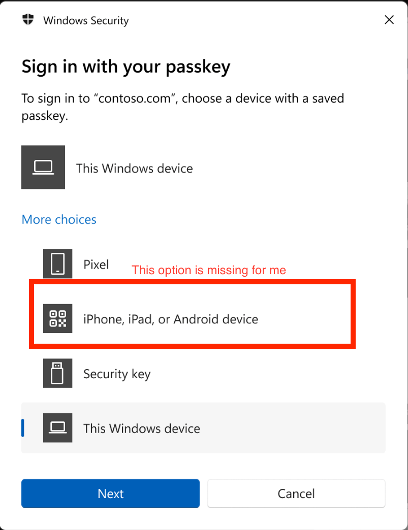Option to log in with passkey from "iPhone, iPad or Android device (QR ...