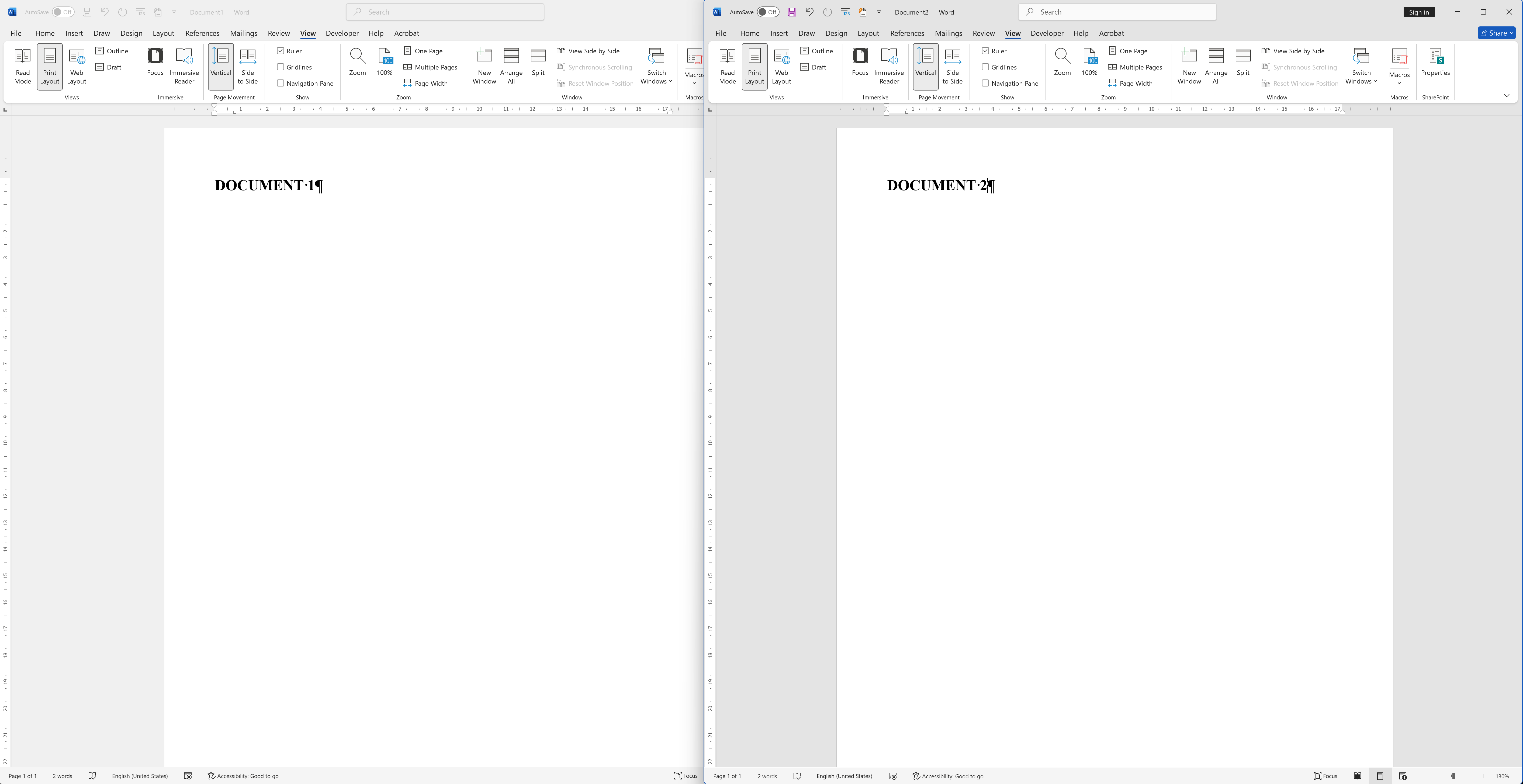 When viewing 2 documents side by side - Horizontally, clicking on File menu changes the view to ...