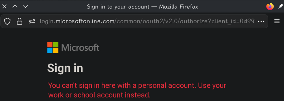 /common OAuth endpoint: Personal account rejected with "can't sign in ...