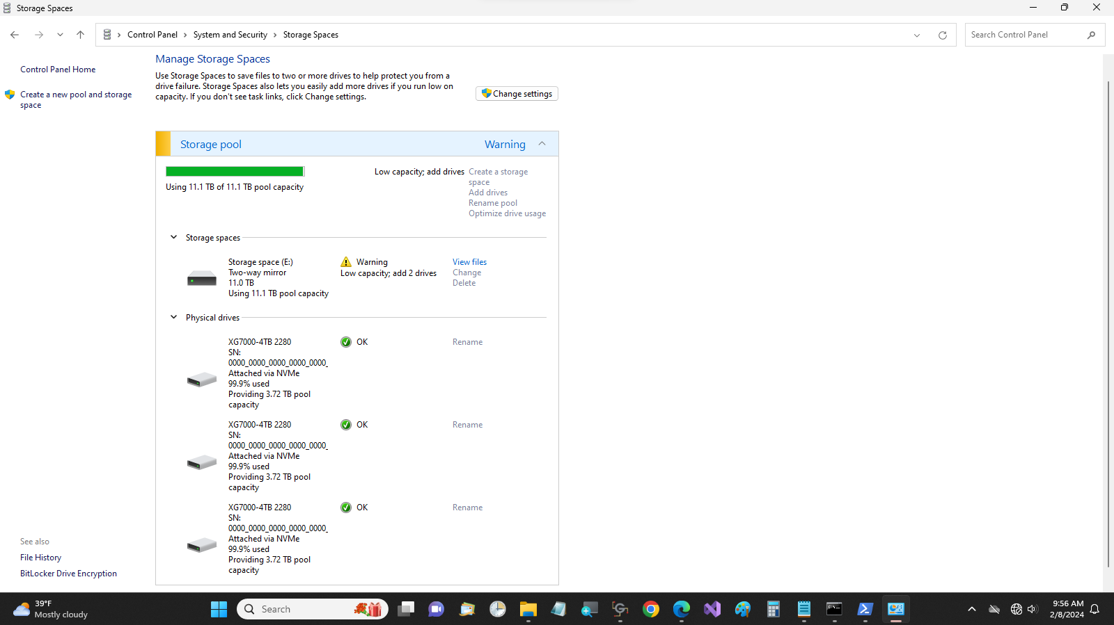 storage pool states drive is full - Microsoft Q&A