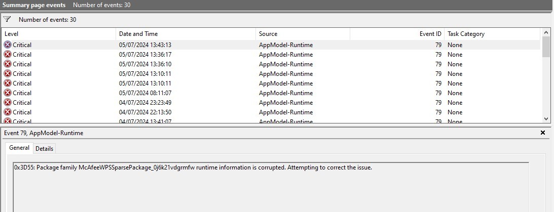 Event ID: 0x3D55 - McAfee WPSS Sparse Package/ AppModel Runtime - Microsoft Q&A