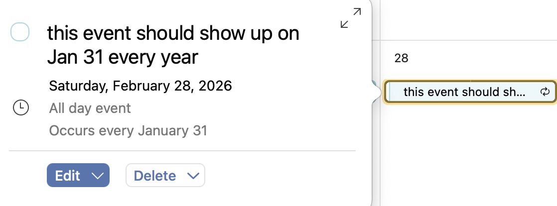 Why do scheduled events that repeat annually show up one month late on ...