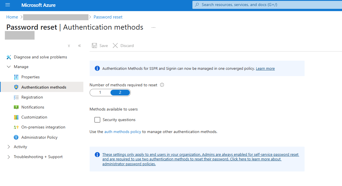 Only security questions available in SSPR authentication methods ...