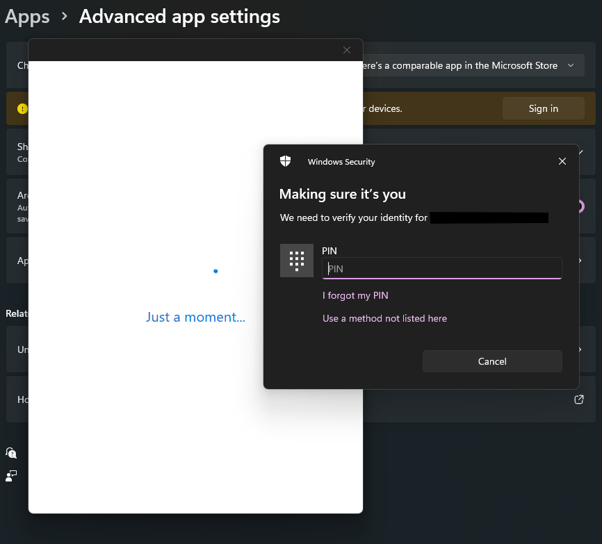 Advanced App Settings sign in request opens with another account email and not my own and I can ...