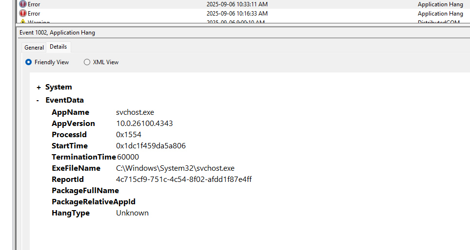 PC soft locks, Application Hang "The program svchost.exe version 10.0.26100.4343 stopped ...