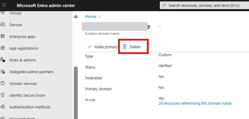 I want delete a domain name in Custom DNS in Azure Entra Id. - Microsoft Q&A