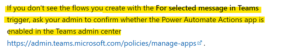 Mobile Teams App does not show PowerAutomate/Workflow "For Selected Message" Trigger - Microsoft Q&A