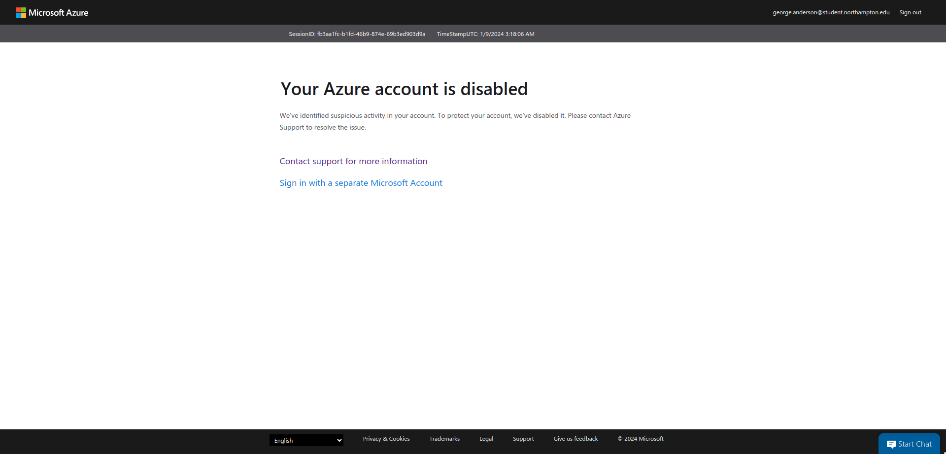 The Azure account has been disabled, and submitting a support ticket ...