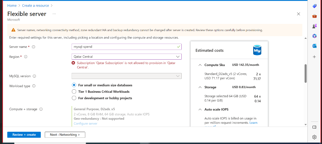 unable to create MYSQL database in Qatar region - Microsoft Q&A unable to create MYSQL database in Qatar region - Microsoft Q&A