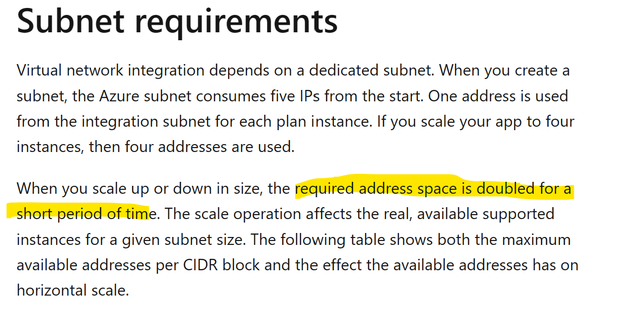 App Service Plan - will scale up need additional IP addresses ...
