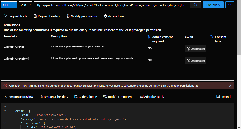 Get event using Microsoft Graph: ErrorAccessDenied - Microsoft Q&A