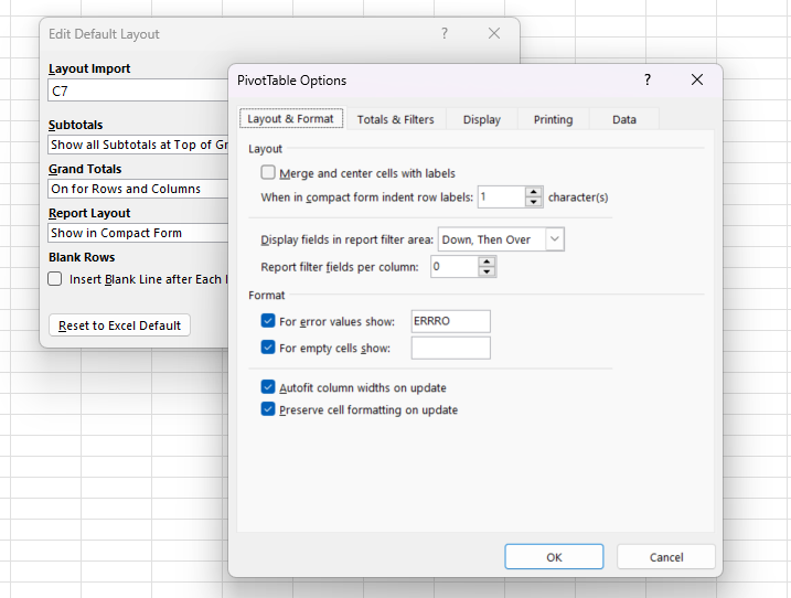 PivotCache.CreatePivotTable no longer applying users default layout ...