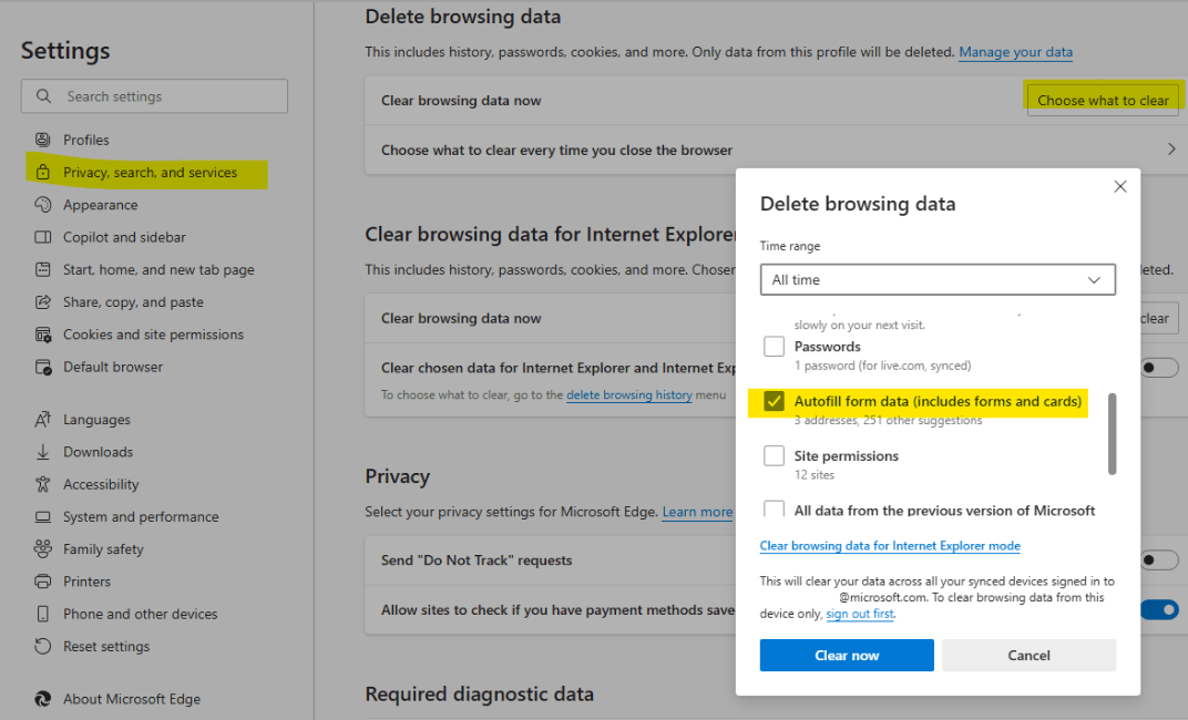 How do I clear these old website search results in Microsoft Edge ...