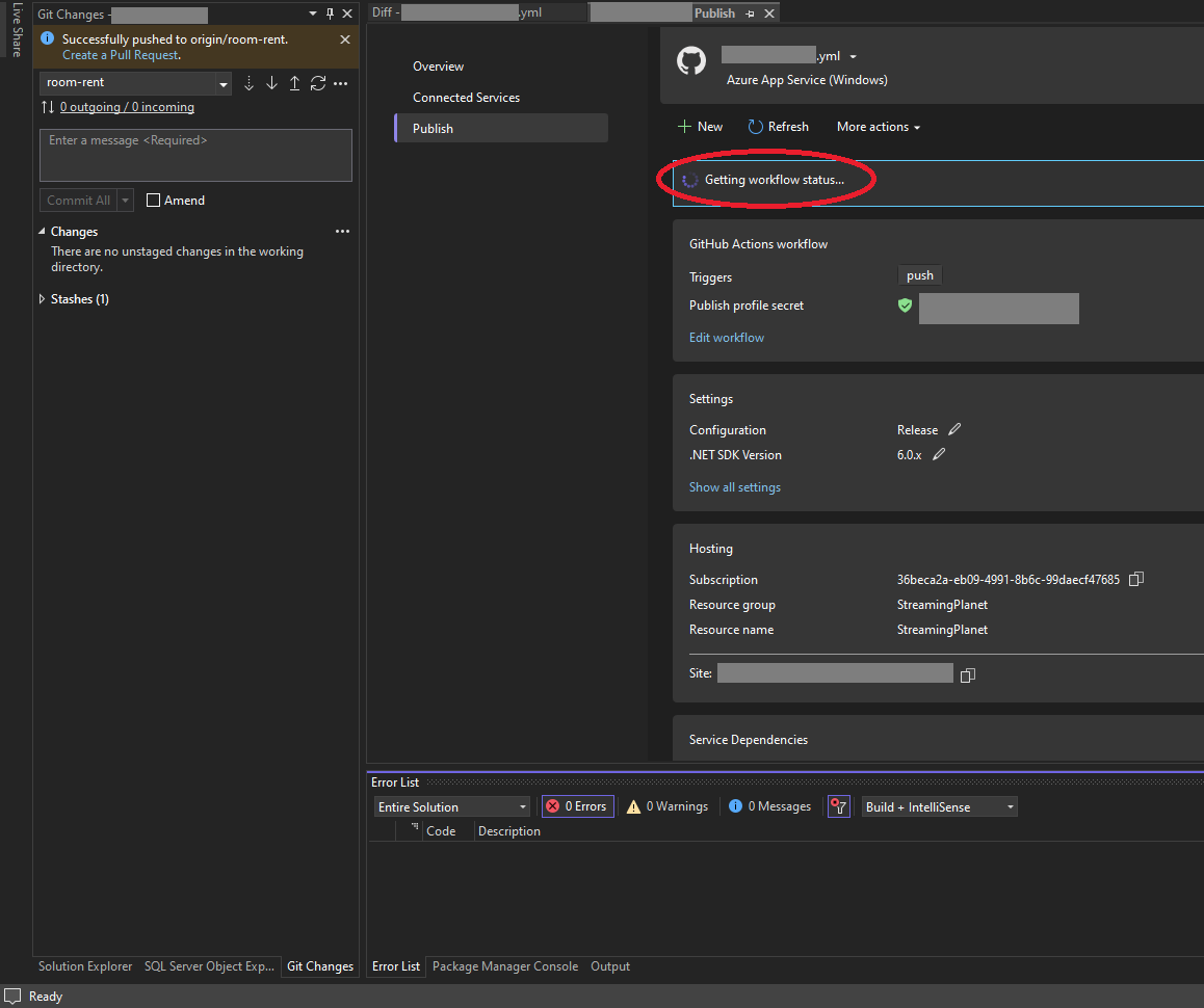 Visual Studio gets stuck on "Getting workflow status..." when trying to Publish on Azure an ASP ...