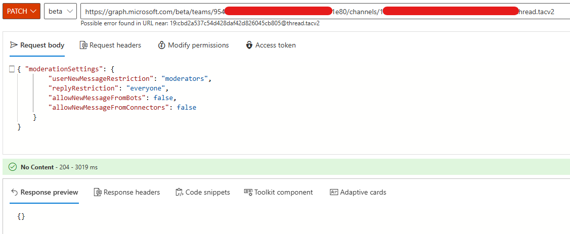 Update a Teams channel properties using Graph api, error :- Failed to execute Skype backend ...