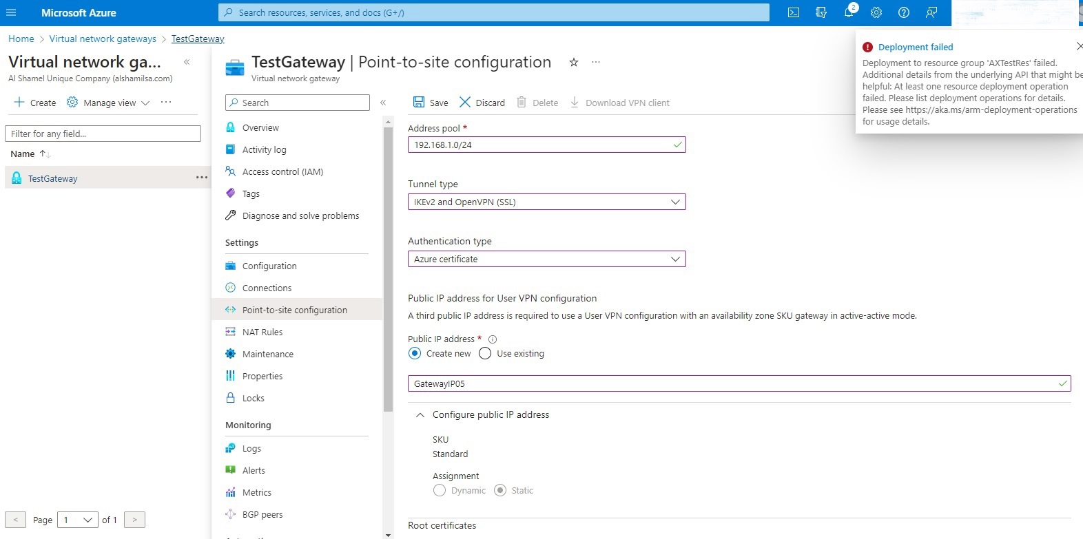 Error while creating Virtual Network Gateway - Microsoft Q&A Error while creating Virtual Network Gateway - Microsoft Q&A