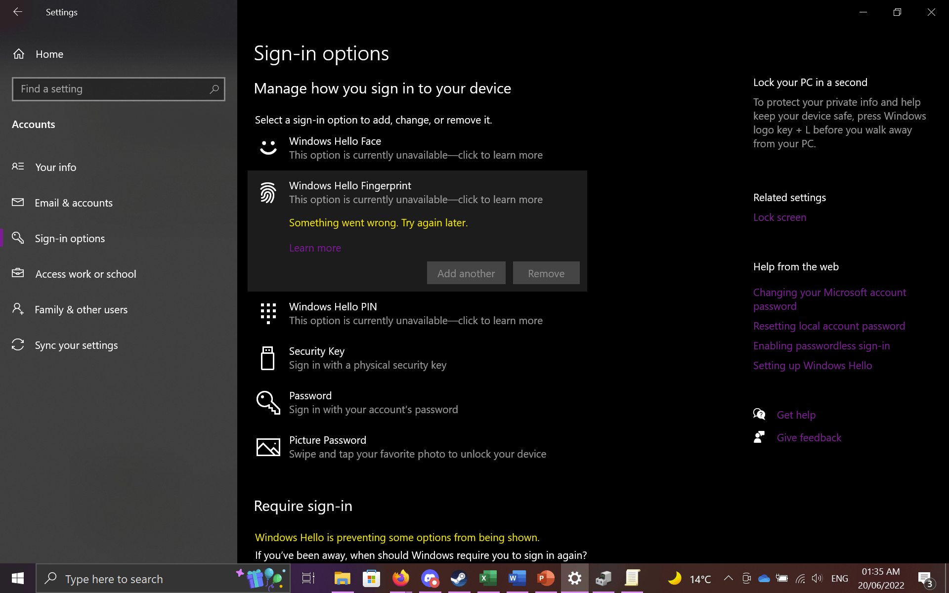 Windows hello, not letting me use of remove finger print or face ...