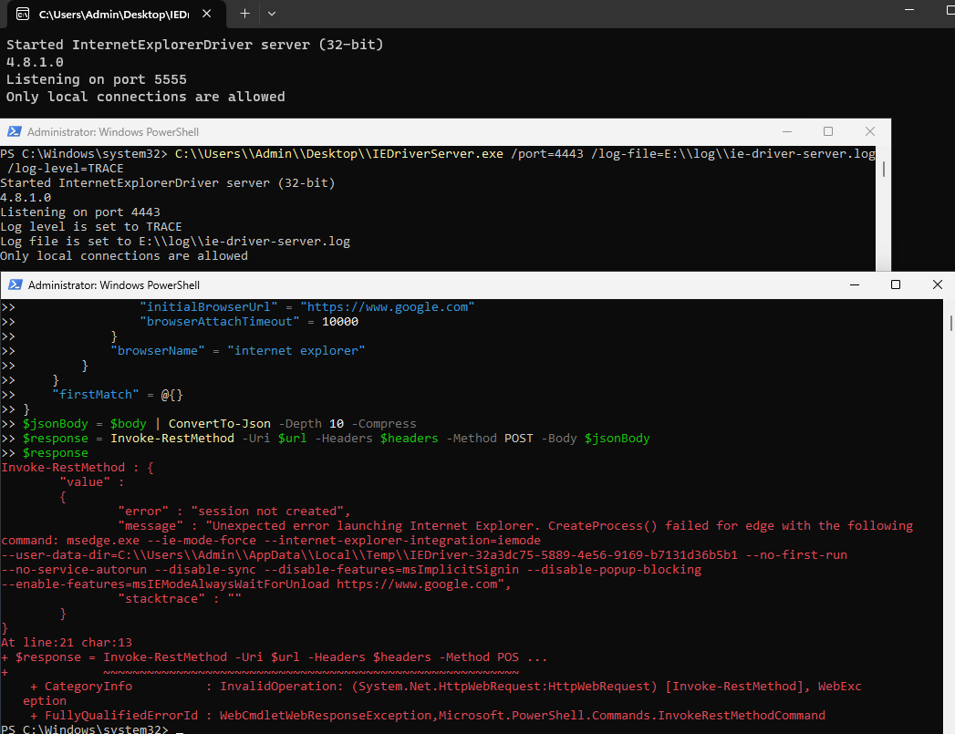 IE Mode won't work if IEDriverServer is launched as admin - Microsoft Q&A