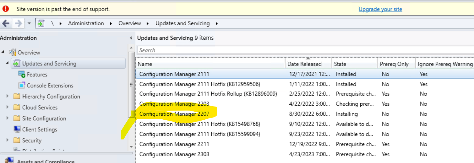 sccm 2111 to sccm2207 primary site upgradation stuck - Microsoft Q&A