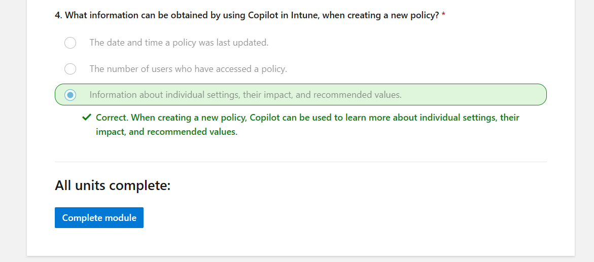 How do I successfully complete the "Describe the embedded experiences of Microsoft Copilot for ...