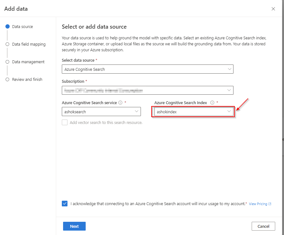 Azure AI studio - Add data source, Next button is greyed out when ... Azure AI studio - Add data source, Next button is greyed out when ...