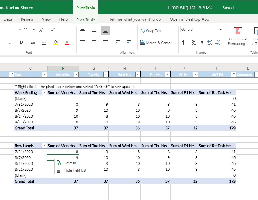 Pivot table not recognized as a pivot table in Excel online - Microsoft Q&A