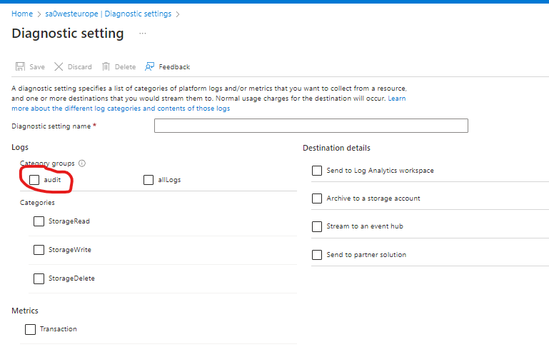 Storage accounts diagnostic settings differs between two regions ...