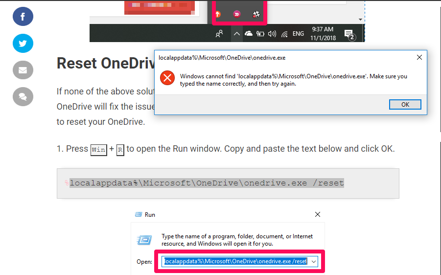 Onedrive closing showing at taskbar, and i can't reset one drive ...