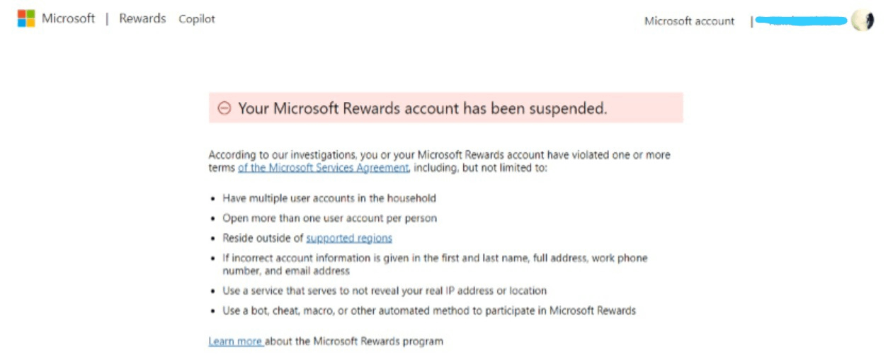 Your Microsoft Rewards account has been suspended. - Microsoft Q&A
