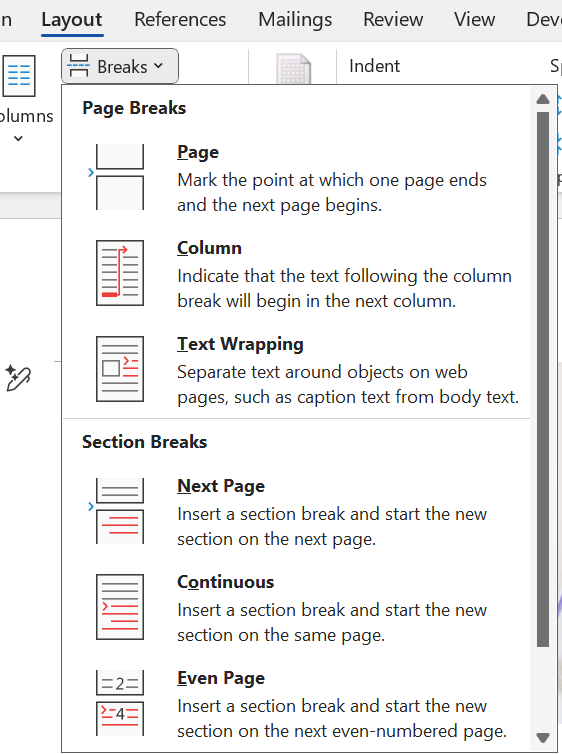 In word, how to insert section breaks in my ribbon under breaks since ...