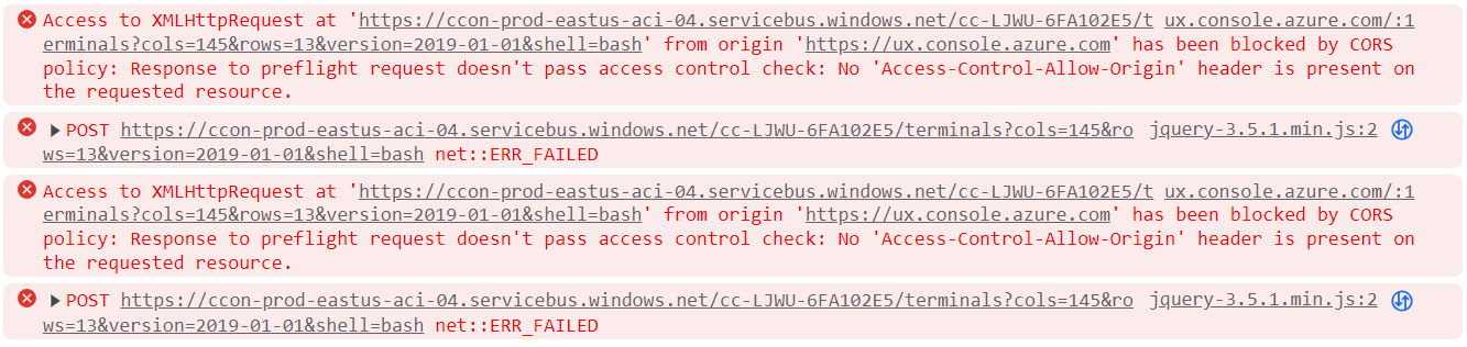 Cors Error When Attempting To Connect To Cloudshell Microsoft Qanda