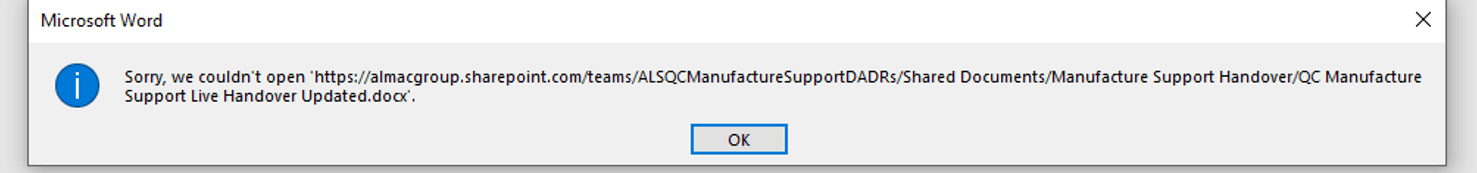 Microsoft teams channel, "Sorry, we couldn't open "name of document ...