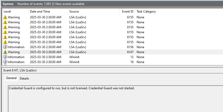 Credential Guard is configured to run, but is not licensed. Credential ...