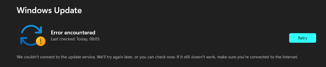 Windows Update: We couldn't connect to the update service. We'll try ...