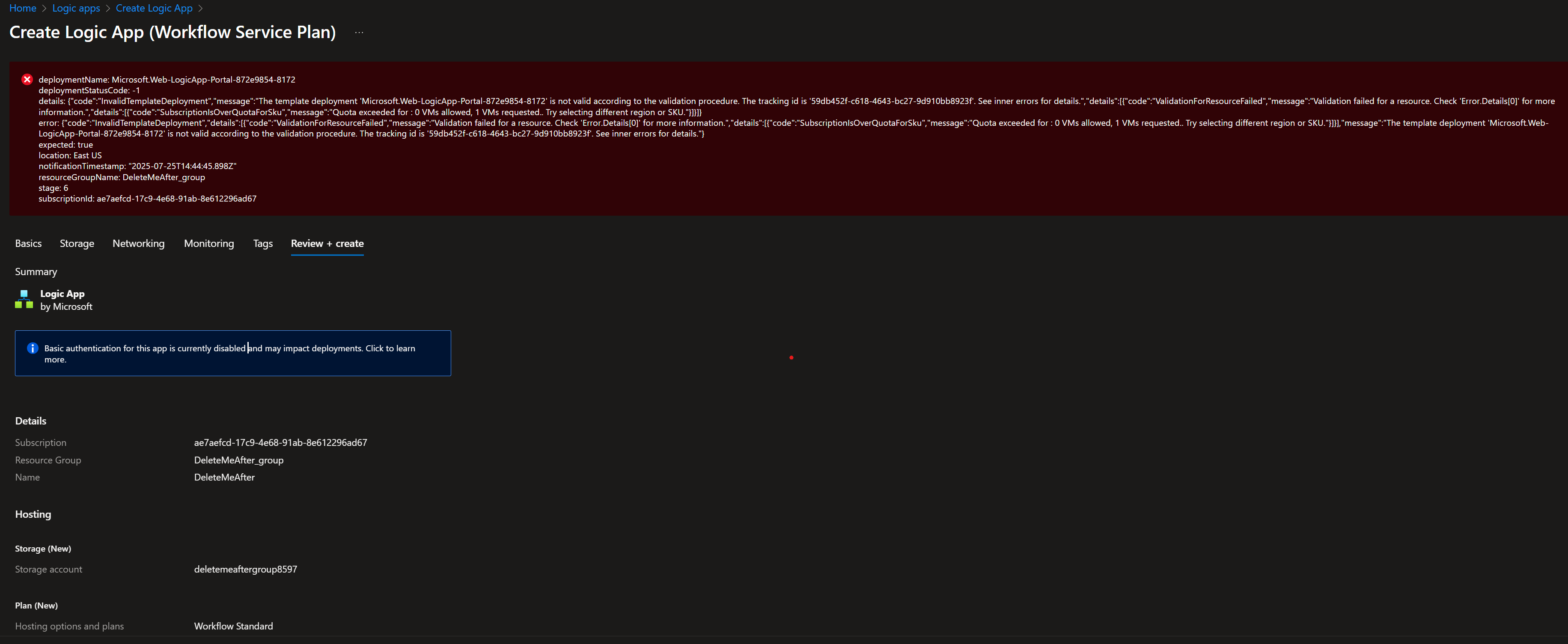 Can not create a logic app in EASTUS with workflow standard, but can do ...