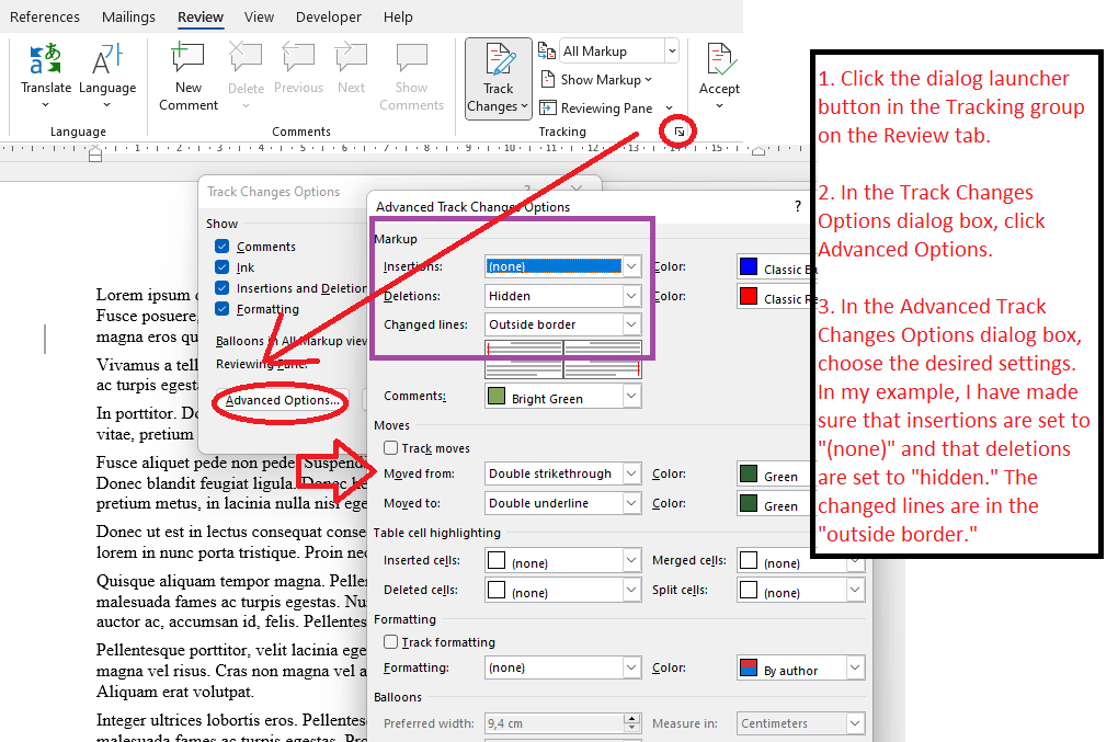 Printing tracked changes without the markup box in a document ...
