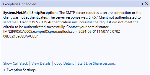C# app sending email from Outlook 365 account, error "5.7.57 Client not ...