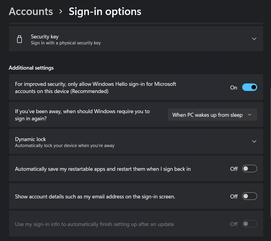 Help! The following setting option "Accounts -> Sign-in options -> Use ...