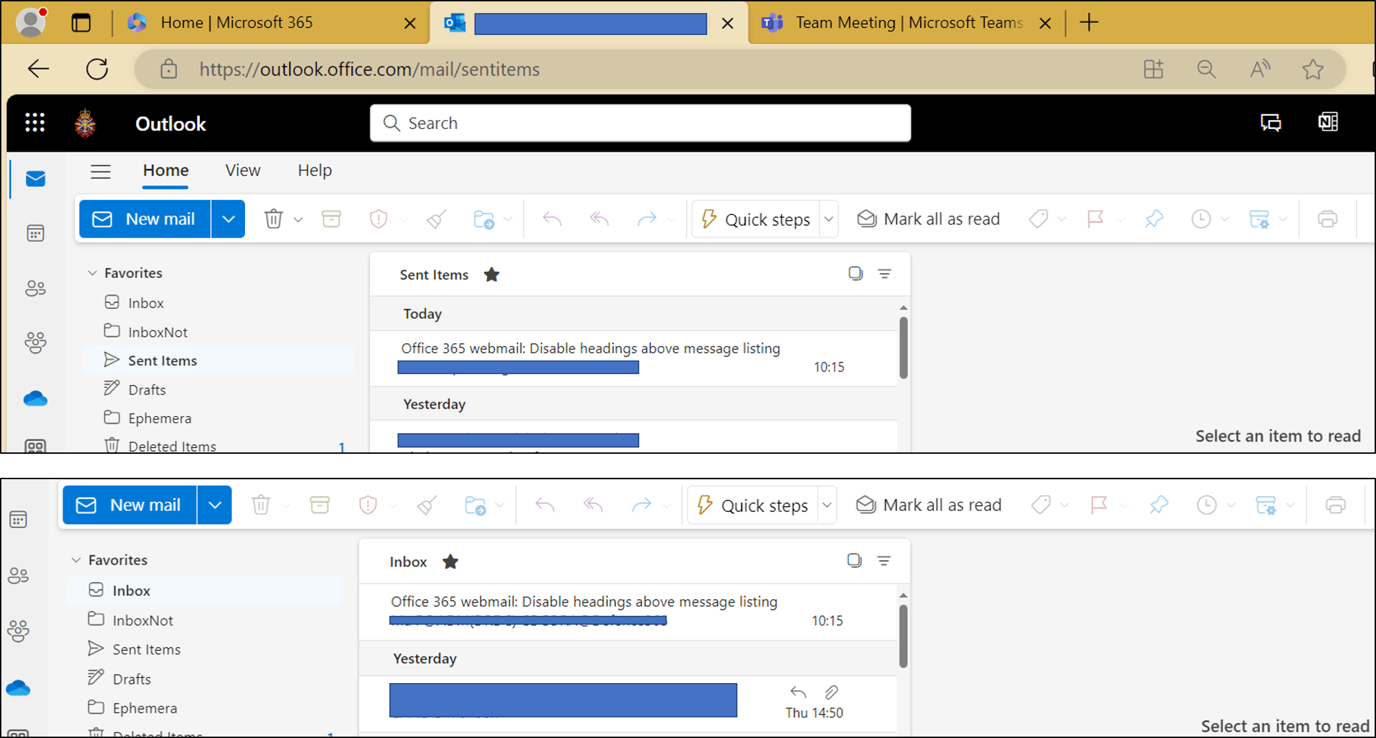 Office 365 webmail: Disable headings above message listing - Microsoft Q&A