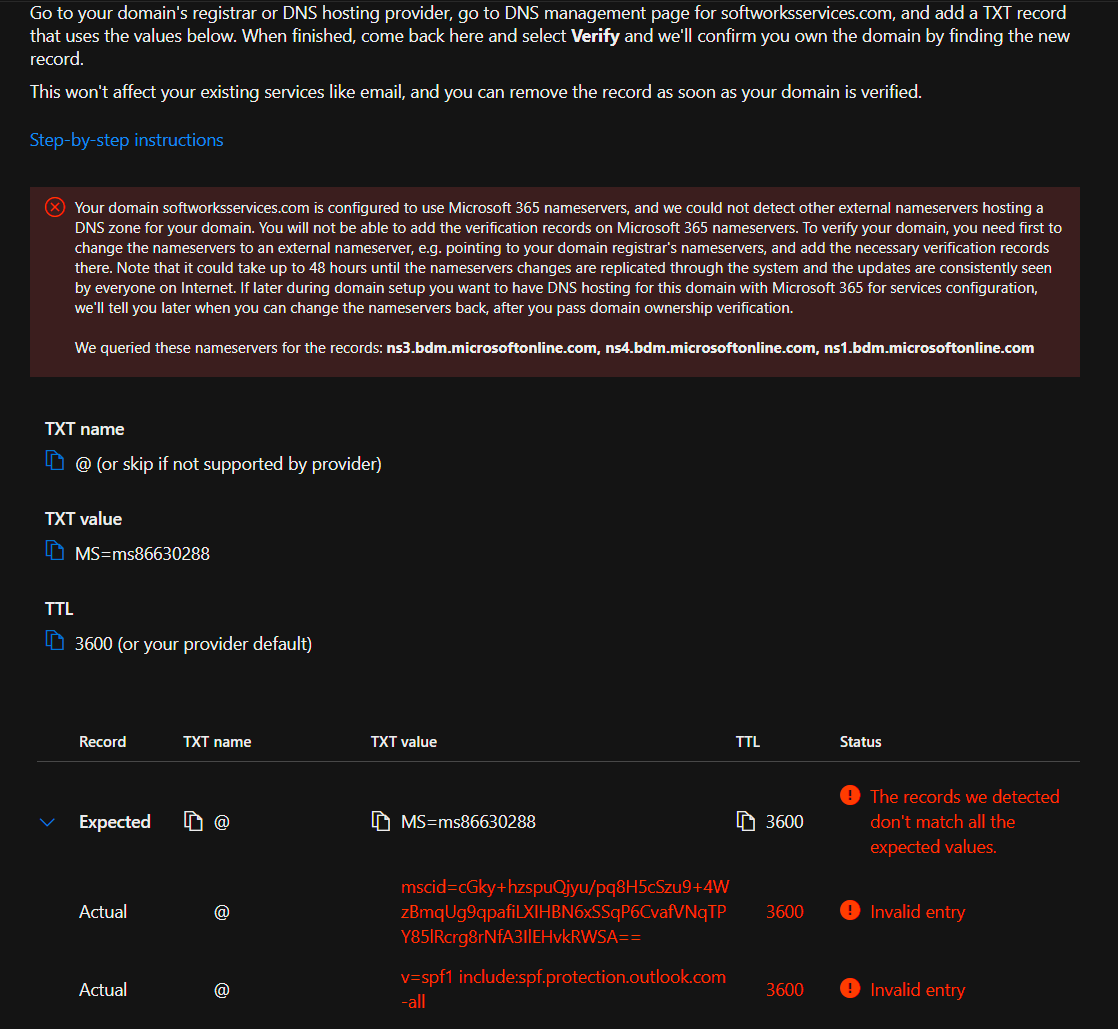 I purchased a custom domain within Azure but am unable to verify it - Microsoft Q&A