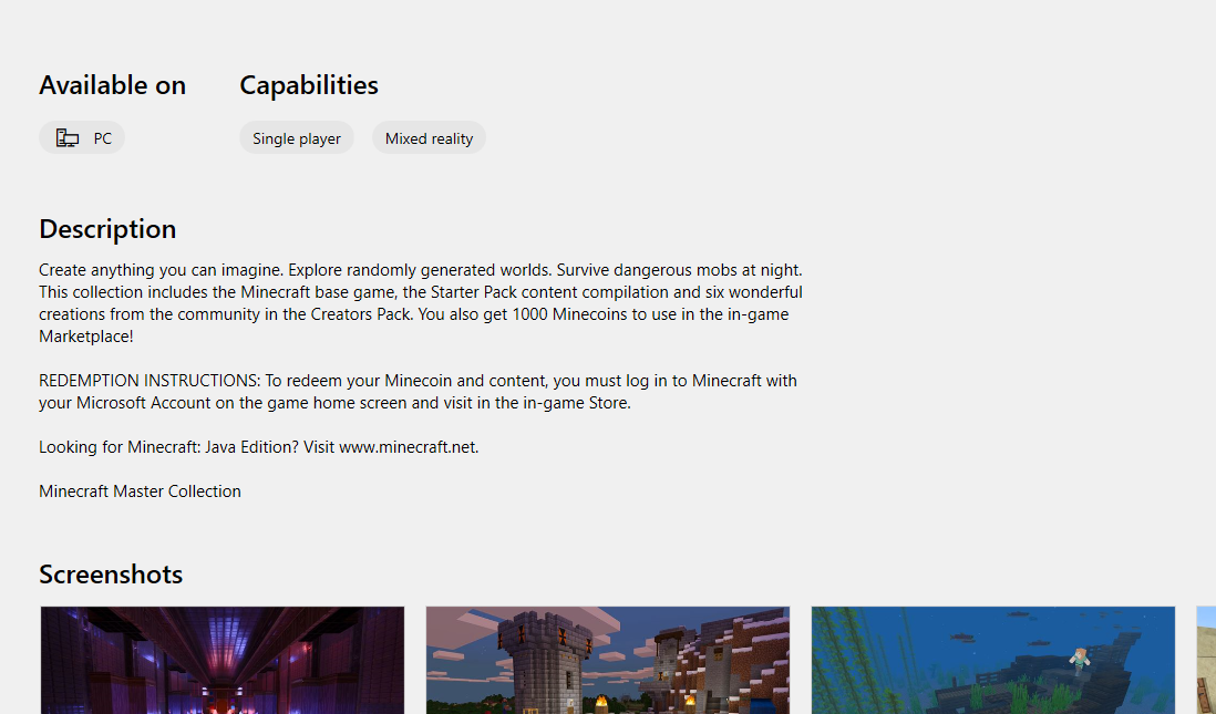 Minecraft for Windows 10 Master Collection - Microsoft Q&A
