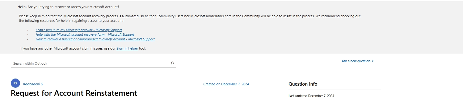 Request for Account Reinstatement - Microsoft Q&A