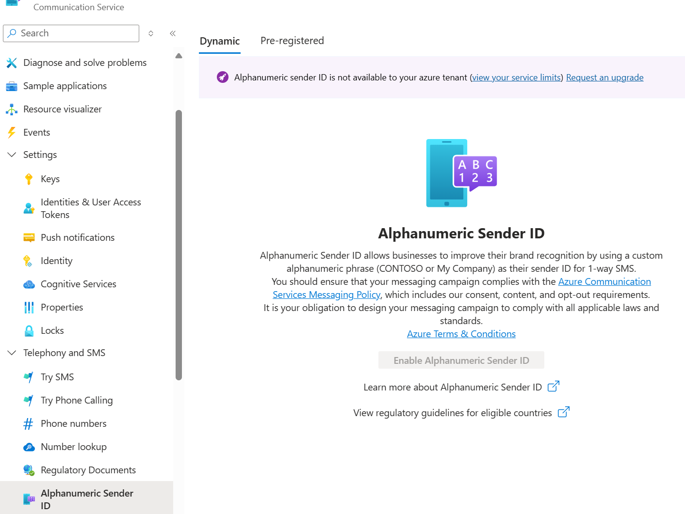 We are trying to enable dynamic alphanumeric sender ID service in ACS SMS-section but Enable ...