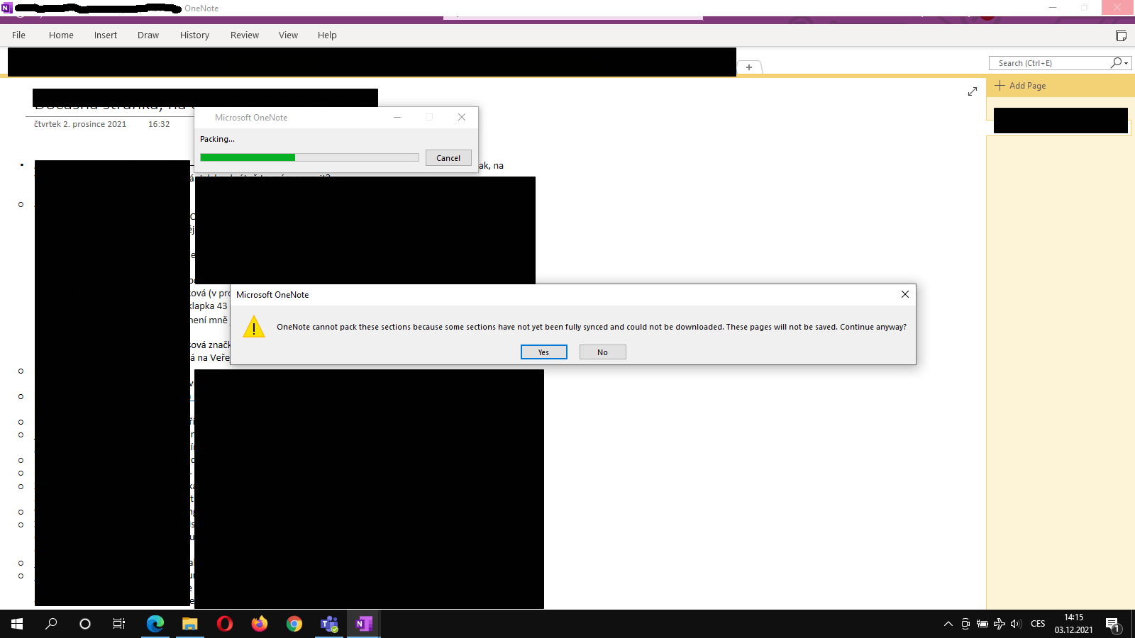OneNote cannot pack these sections because some sections have not yet ...