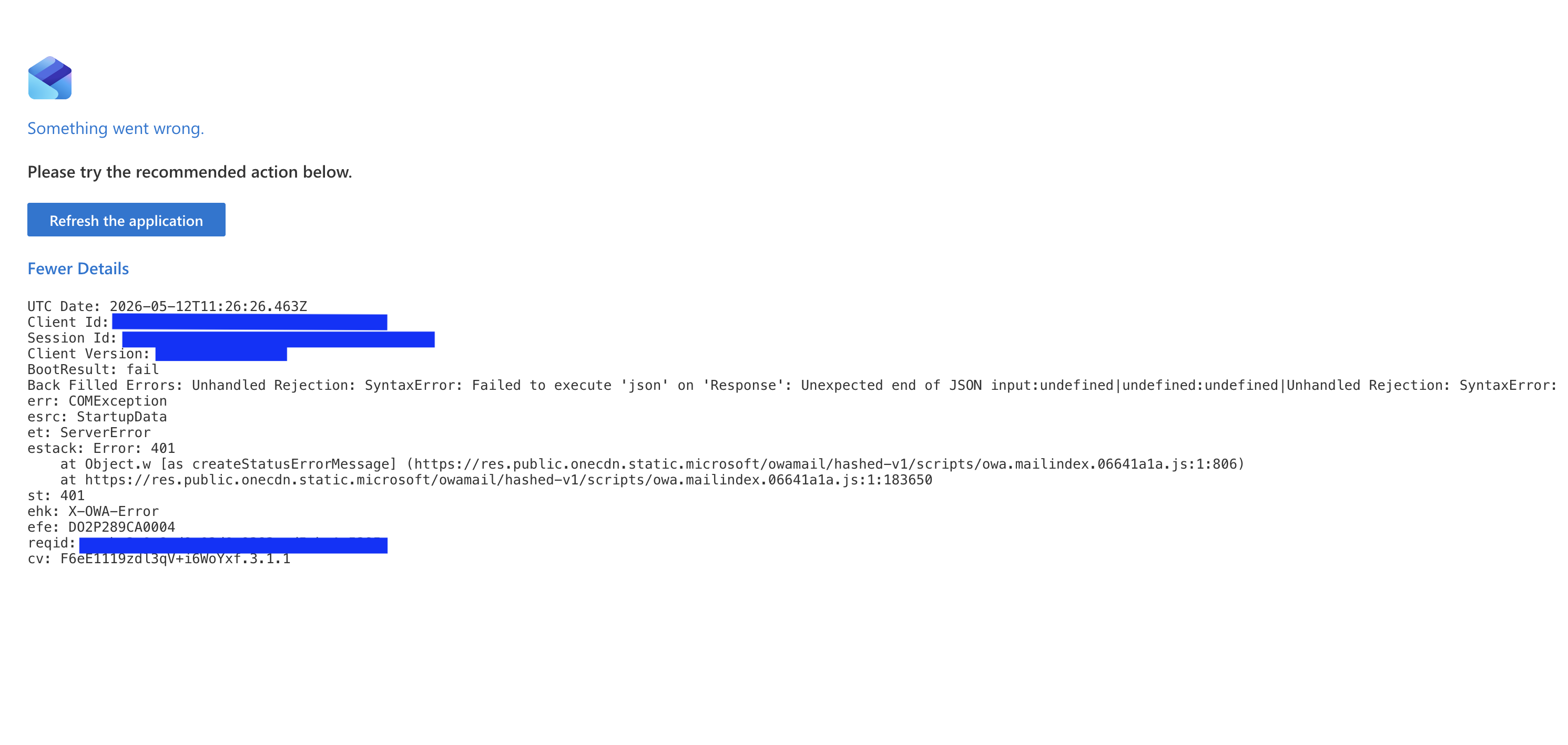 Getting a Something went wrong. Refresh the application message ...