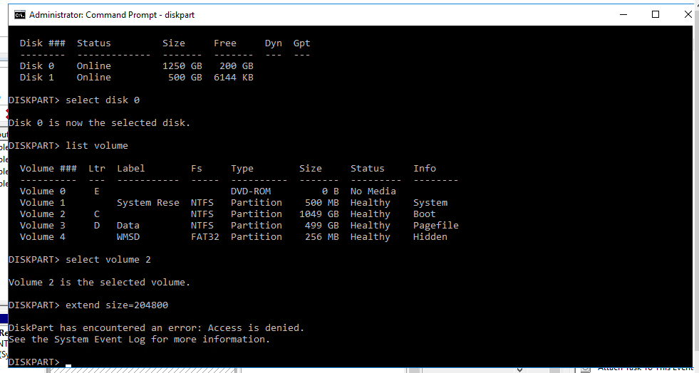 Unable to resize partition - Virtual Disk Manager, Access is Denied. - Microsoft Q&A