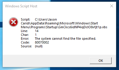 Windows Script Host error code 80070002 on startup. My system can't ...