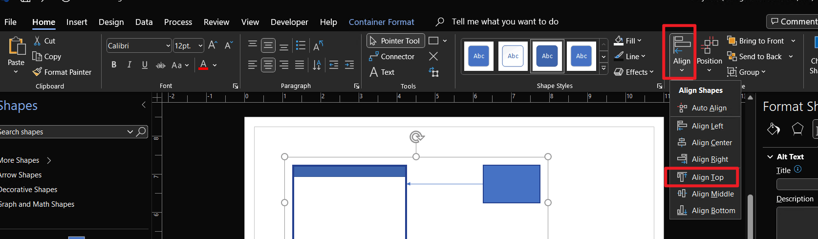How to align shapes such that connecting lines are1) straight AND 2 ...