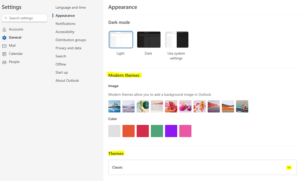 New Microsft outlook has only 2 theme options. Lost all modern themes ...