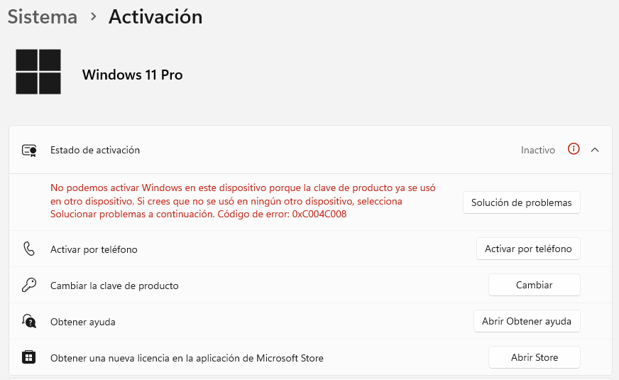 Activación Windows 11, error 0xC004C008 - Microsoft Q&A